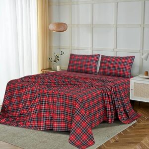 RUVANTI Flannel Sheets Queen Size - 100% Cotton Brushed Flannel Bed Sheet Sets - Deep Pockets 16 Inches (fits up to 18") - All Seasons Breathable & Super Soft - Warm & Cozy - 4 Pcs - Red Plaid