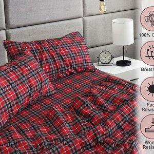 RUVANTI Flannel Sheets Queen Size - 100% Cotton Brushed Flannel Bed Sheet Sets - Deep Pockets 16 Inches (fits up to 18") - All Seasons Breathable & Super Soft - Warm & Cozy - 4 Pcs - Red Plaid