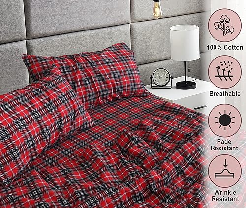 RUVANTI Flannel Sheets Queen Size - 100% Cotton Brushed Flannel Bed Sheet Sets - Deep Pockets 16 Inches (fits up to 18") - All Seasons Breathable & Super Soft - Warm & Cozy - 4 Pcs - Red Plaid