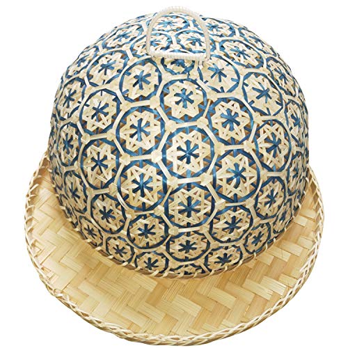 Coralpearl Bamboo Woven Food Dome Lid Cover to Keep out Flies Bugs and Table Serving Tray Storage Plate Platter with Handles for Picnic Party Bread Cake Pizza Dry Fruit Dessert Indoor Outdoor (Blue)