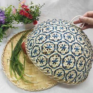 Coralpearl Bamboo Woven Food Dome Lid Cover to Keep out Flies Bugs and Table Serving Tray Storage Plate Platter with Handles for Picnic Party Bread Cake Pizza Dry Fruit Dessert Indoor Outdoor (Blue)