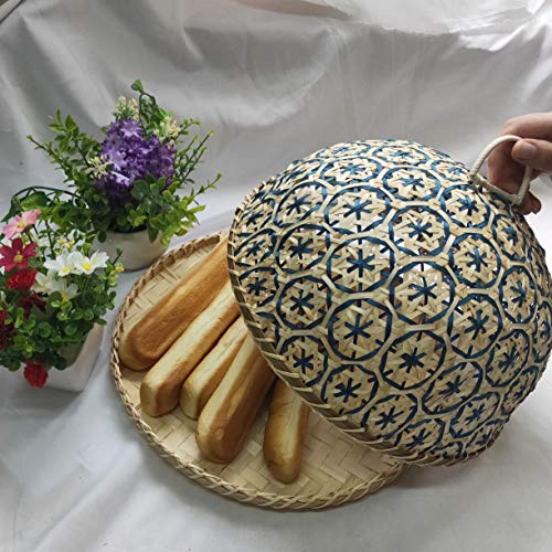 Coralpearl Bamboo Woven Food Dome Lid Cover to Keep out Flies Bugs and Table Serving Tray Storage Plate Platter with Handles for Picnic Party Bread Cake Pizza Dry Fruit Dessert Indoor Outdoor (Blue)