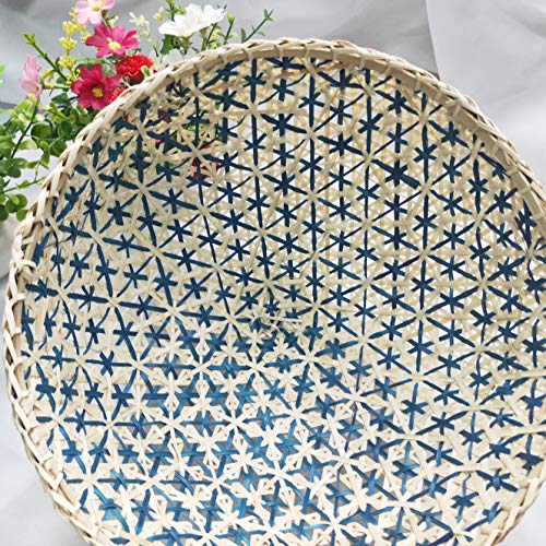 Coralpearl Bamboo Woven Food Dome Lid Cover to Keep out Flies Bugs and Table Serving Tray Storage Plate Platter with Handles for Picnic Party Bread Cake Pizza Dry Fruit Dessert Indoor Outdoor (Blue)