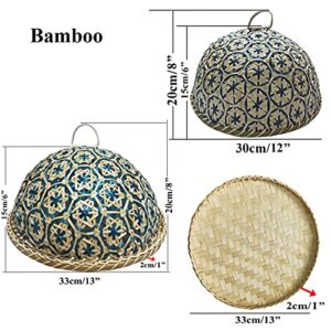 Coralpearl Bamboo Woven Food Dome Lid Cover to Keep out Flies Bugs and Table Serving Tray Storage Plate Platter with Handles for Picnic Party Bread Cake Pizza Dry Fruit Dessert Indoor Outdoor (Blue)