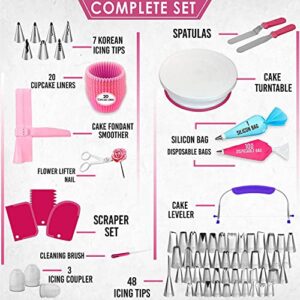 Gift For Women-Cake Decorating Supplies Kit for Beginners RFAQK 200PCs -Cake Turntable with 48 Numbered Piping &7 Korean Tips(Pattern chart included)-Straight & Offset Spatula-Leveler &Baking tools