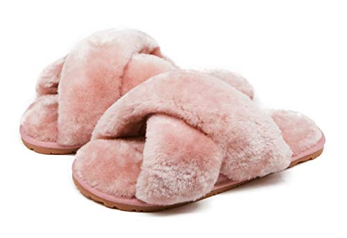 Crazy Lady Women's Slippers Fuzzy Fluffy Memory Foam House Shoes Cross Band Indoor and Outdoor (06/Pink, 7-8)