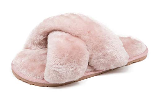 Crazy Lady Women's Slippers Fuzzy Fluffy Memory Foam House Shoes Cross Band Indoor and Outdoor (06/Pink, 7-8)