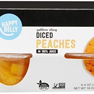 Amazon Brand - Happy Belly Fruit Bowls, Yellow Cling Diced Peach in 100% Juice, 4 Count, 4 Ounce Bowls