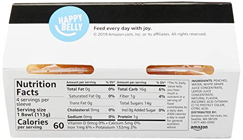 Amazon Brand - Happy Belly Fruit Bowls, Yellow Cling Diced Peach in 100% Juice, 4 Count, 4 Ounce Bowls