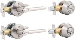 front door entry lever with double cylinder deadbolts combination set, satin nickel finish, keyed alike exterior entrance lever door handle set for front/back gate door, pack of 2