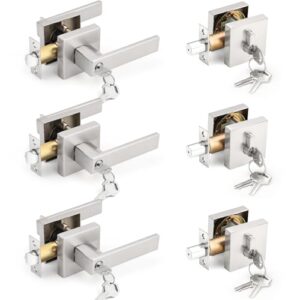 keyed entry door lever and double cylinder deadbolt set, keyed alike reversible lockset, satin nickel square interior/exterior handleset for bedroom, front door 3 pack