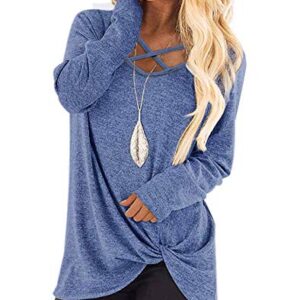 NIASHOT Womens Long Sleeve Tops Solid Twist Knot Sweater V-Neck Fall Shirts Blue 2XL