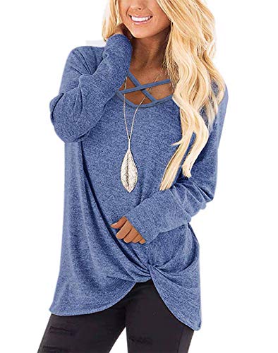 NIASHOT Womens Long Sleeve Tops Solid Twist Knot Sweater V-Neck Fall Shirts Blue 2XL