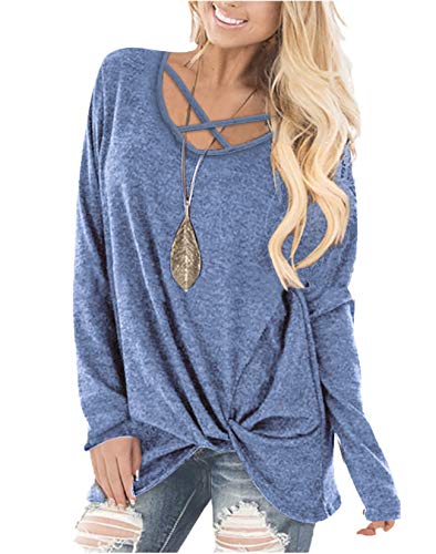 NIASHOT Womens Long Sleeve Tops Solid Twist Knot Sweater V-Neck Fall Shirts Blue 2XL