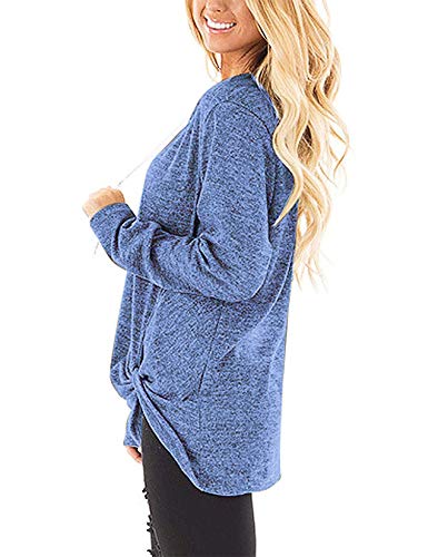 NIASHOT Womens Long Sleeve Tops Solid Twist Knot Sweater V-Neck Fall Shirts Blue 2XL