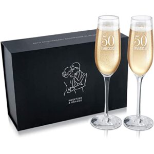 50th anniversary champagne flutes for couple by s&o. set of 2 wedding anniversary champagne flutes. giftable wine glasses for parents. 8 oz engraved champagne glasses. gift for married couples