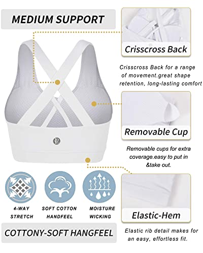 RUNNING GIRL Sports Bra for Women, Criss-Cross Back Padded Strappy Sports Bras Medium Support Yoga Bra with Removable Cups(2355D-White,L)