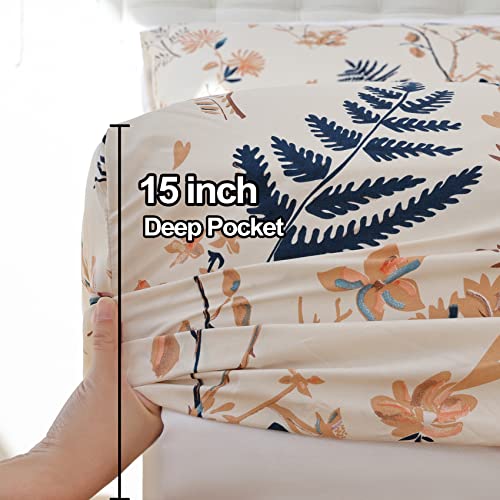 JSD Floral Printed Sheet Set Queen, Soft Microfiber Botanical Bed Sheets 15" Extra Deep Pocket 4 Pieces