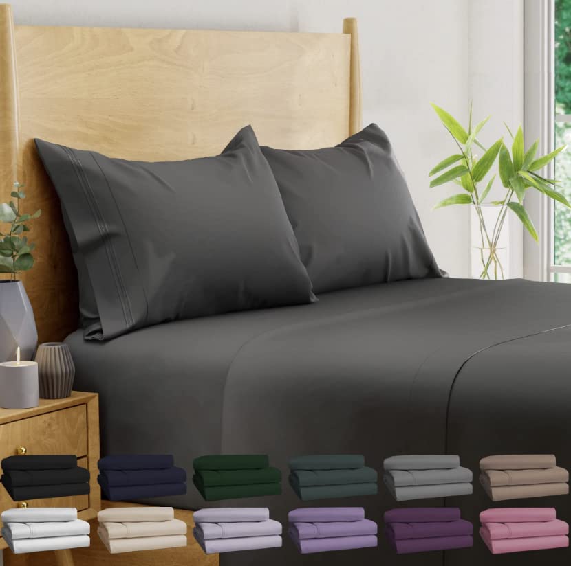 BAMPURE Bamboo Sheets Queen Size - 100% Viscose from Bamboo - 4PC Set - Super Soft Cooling Sheets - Up to 16’’ Deep Pocket - Luxury Series - 1 Flat Sheet,1 Fitted Sheet,2 Pillowcases (Stone Grey)