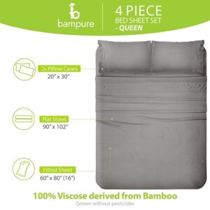 BAMPURE Bamboo Sheets Queen Size - 100% Viscose from Bamboo - 4PC Set - Super Soft Cooling Sheets - Up to 16’’ Deep Pocket - Luxury Series - 1 Flat Sheet,1 Fitted Sheet,2 Pillowcases (Stone Grey)