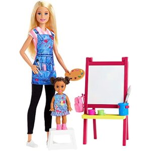 barbie careers doll & playset, art teacher theme with blonde fashion doll, 1 small doll, color-change easel & accessories