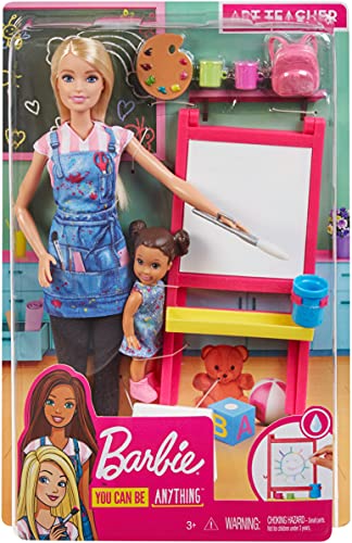 Barbie Careers Doll & Playset, Art Teacher Theme with Blonde Fashion Doll, 1 Small Doll, Color-Change Easel & Accessories