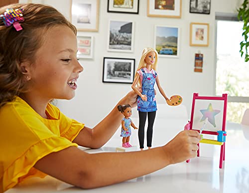 Barbie Careers Doll & Playset, Art Teacher Theme with Blonde Fashion Doll, 1 Small Doll, Color-Change Easel & Accessories