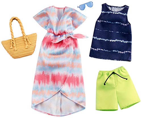 Barbie Fashion Pack with 1 Outfit of Tie-Dye Dress & 1 Accessory Doll & Striped Tie-Dye Tank, Shorts & Accessory for Ken Doll, Gift for 3 to 8 Year Olds