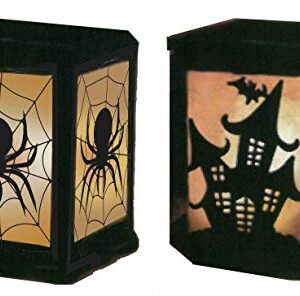 Halloween PVC Haunted House Bat and Spider Decorative Lanterns Battery Powered LED Light Up Electric Votive Candle Tea Light Foldable Collapsible -Set of 2