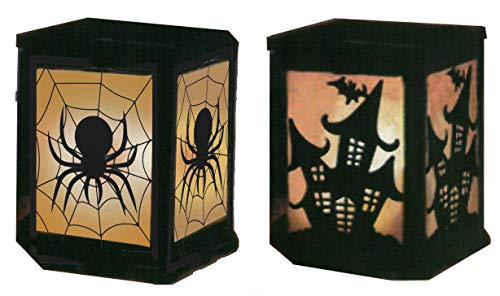 Halloween PVC Haunted House Bat and Spider Decorative Lanterns Battery Powered LED Light Up Electric Votive Candle Tea Light Foldable Collapsible -Set of 2