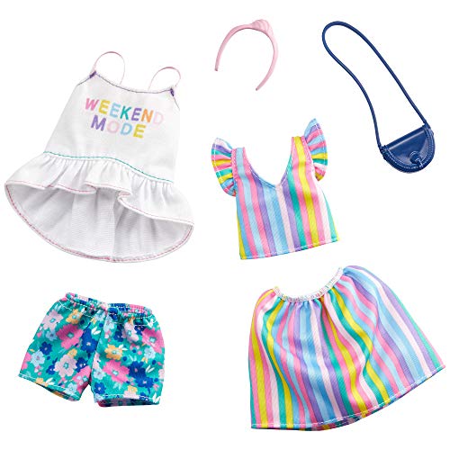 Barbie Clothes -2 Outfits for Barbie Doll Include a Top with ‘Weekend Mode’ Graphic, Floral Shorts and a Striped Top and Skirt with Purse and Headband, Gift for 3 to 8 Year Olds