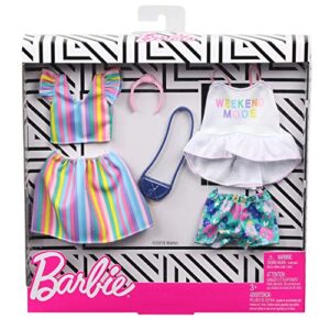 Barbie Clothes -2 Outfits for Barbie Doll Include a Top with ‘Weekend Mode’ Graphic, Floral Shorts and a Striped Top and Skirt with Purse and Headband, Gift for 3 to 8 Year Olds