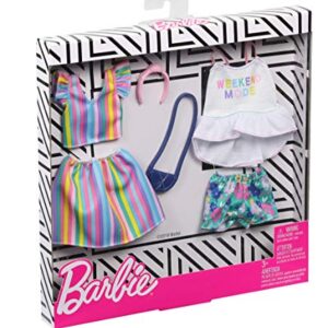 Barbie Clothes -2 Outfits for Barbie Doll Include a Top with ‘Weekend Mode’ Graphic, Floral Shorts and a Striped Top and Skirt with Purse and Headband, Gift for 3 to 8 Year Olds