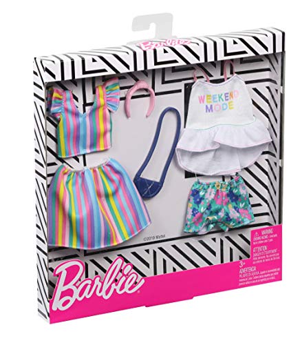 Barbie Clothes -2 Outfits for Barbie Doll Include a Top with ‘Weekend Mode’ Graphic, Floral Shorts and a Striped Top and Skirt with Purse and Headband, Gift for 3 to 8 Year Olds