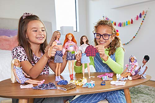 Barbie Clothes -2 Outfits for Barbie Doll Include a Top with ‘Weekend Mode’ Graphic, Floral Shorts and a Striped Top and Skirt with Purse and Headband, Gift for 3 to 8 Year Olds