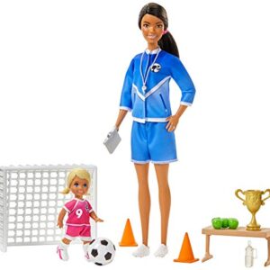 Barbie Soccer Coach Playset with Brunette Soccer Coach Doll, Student Doll and Accessories: Soccer Ball, Clipboard, Goal Net, Cones, Bench and More for Ages 3 and Up, Multi