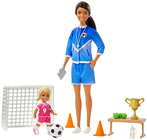 Barbie Soccer Coach Playset with Brunette Soccer Coach Doll, Student Doll and Accessories: Soccer Ball, Clipboard, Goal Net, Cones, Bench and More for Ages 3 and Up, Multi