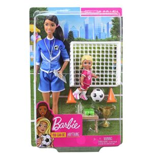 Barbie Soccer Coach Playset with Brunette Soccer Coach Doll, Student Doll and Accessories: Soccer Ball, Clipboard, Goal Net, Cones, Bench and More for Ages 3 and Up, Multi