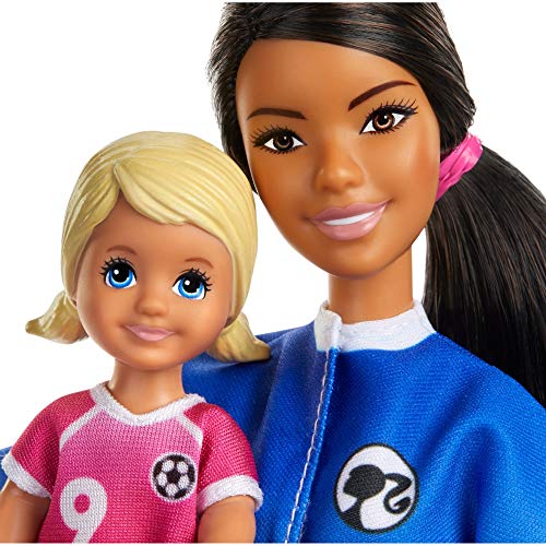 Barbie Soccer Coach Playset with Brunette Soccer Coach Doll, Student Doll and Accessories: Soccer Ball, Clipboard, Goal Net, Cones, Bench and More for Ages 3 and Up, Multi