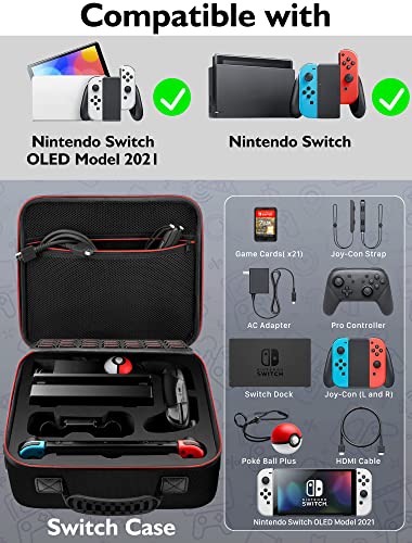 COOWPS Switch Carrying Case Compatible with Nintendo Switch and Switch OLED Model, with 21 Game Cards Storage Portable Full Protection Travel Case for Switch Console and Accessories, Black