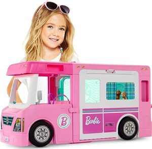 barbie camper playset, 3-in-1 dreamcamper with pool and 50 accessories, transforms into truck, boat and house (amazon exclusive)