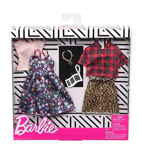 Barbie Clothes: 2 Outfits Doll Include A Floral Dress, Striped T-Shirt, Animal-Print Skirt, Plaid Top, Piano Key Purse and Necklace, Gift for 3 to 8 Year Olds​