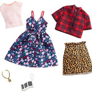 Barbie Clothes: 2 Outfits Doll Include A Floral Dress, Striped T-Shirt, Animal-Print Skirt, Plaid Top, Piano Key Purse and Necklace, Gift for 3 to 8 Year Olds​