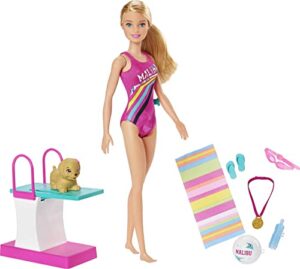 barbie dreamhouse adventures swim 'n dive doll, 11.5-inch, in swimwear, with swimming feature, diving board and puppy, gift for 3 to 7 year olds