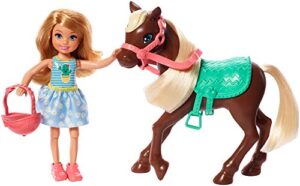 barbie club chelsea doll & horse set, blonde small doll in removable skirt, brown pony with blonde mane & accessories