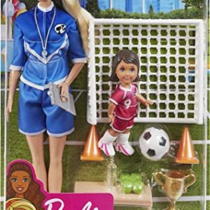 Barbie Soccer Coach Playset with Blonde Soccer Coach Doll, Student Doll and Accessories: Soccer Ball, Clipboard, Goal Net, Cones, Bench and More for Ages 3 and Up