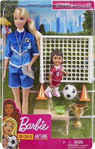 Barbie Soccer Coach Playset with Blonde Soccer Coach Doll, Student Doll and Accessories: Soccer Ball, Clipboard, Goal Net, Cones, Bench and More for Ages 3 and Up