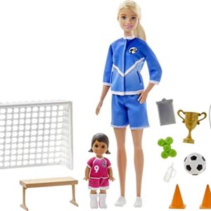 Barbie Soccer Coach Playset with Blonde Soccer Coach Doll, Student Doll and Accessories: Soccer Ball, Clipboard, Goal Net, Cones, Bench and More for Ages 3 and Up