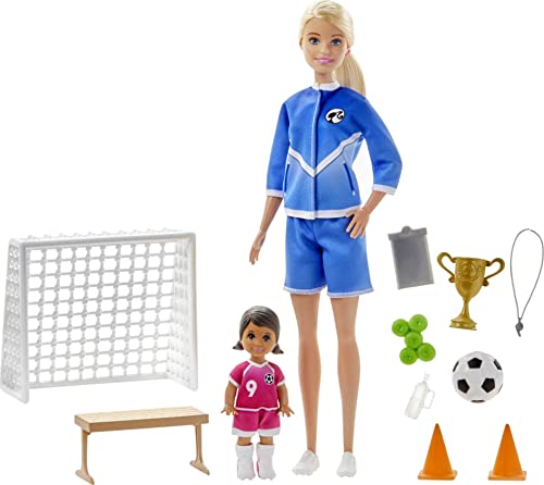 Barbie Soccer Coach Playset with Blonde Soccer Coach Doll, Student Doll and Accessories: Soccer Ball, Clipboard, Goal Net, Cones, Bench and More for Ages 3 and Up