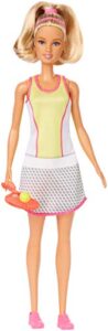 barbie blonde tennis player doll with tennis outfit, racket and ball